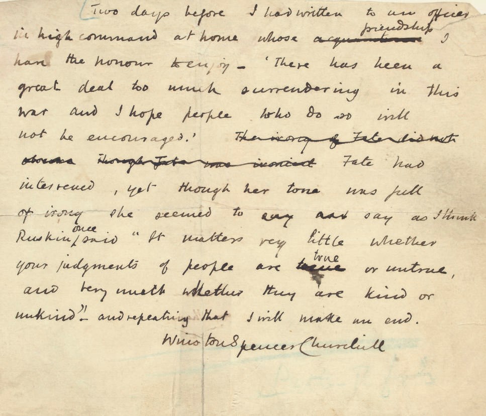 CHURCHILL, Winston S. Autograph manuscript fragment signed ('Winston ...